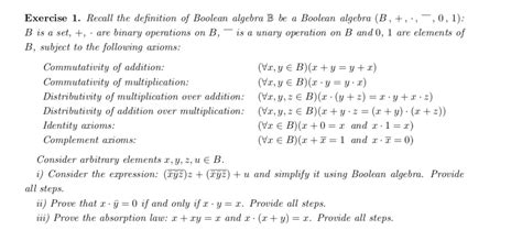 solved exercise 1 recall the definition of boolean algebra