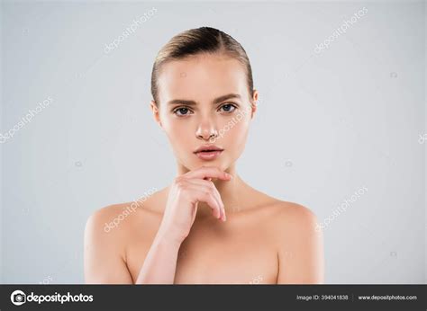 Naked Woman Looking Camera Touching Face Isolated Grey Stock Photo