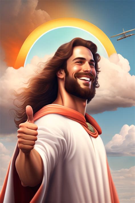 Lexica Jesus Christ Smiling And Showing Thumbs Up Background Clouds
