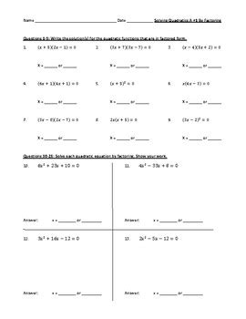Solving Quadratic Equations Functions By Factoring Worksheet A Is Not