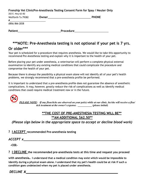 Fillable Online Spay Neuter Pre Anesthesia Testing Consent Form 2 2