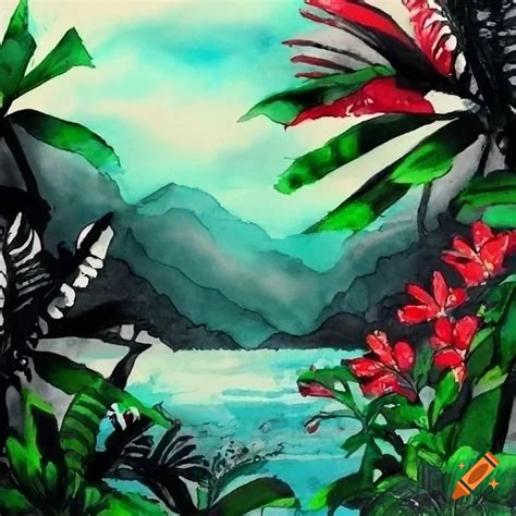 Lush Tropical Green Landscapes With Red Flowers