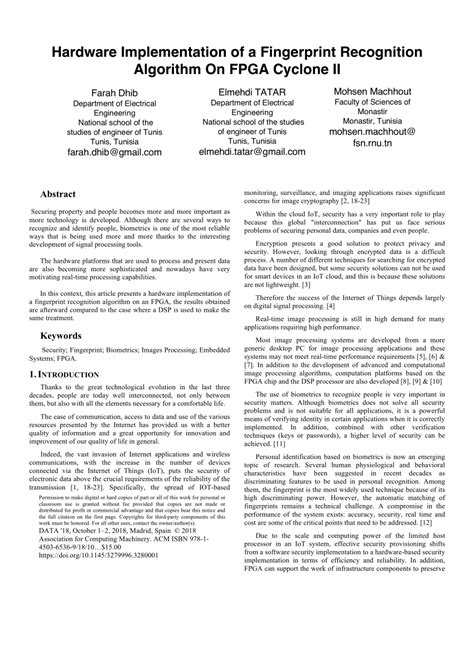 pdf hardware implementation of a fingerprint recognition algorithm on fpga cyclone ii
