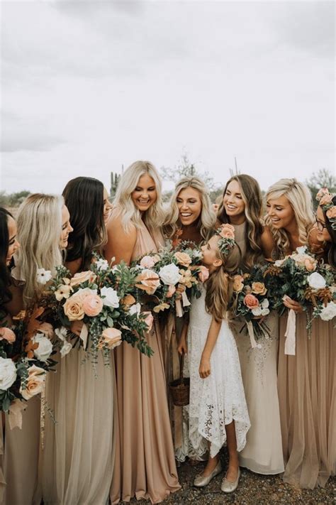 Neutral Colors Mismatched Bridesmaid Dresses Roses Rings Weddings
