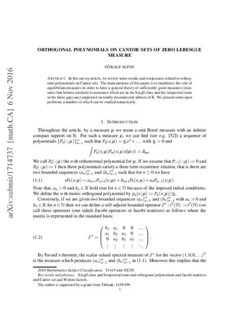 pdf orthogonal polynomials on cantor sets of zero lebesgue measure gökalp alpan
