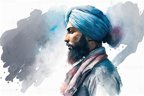 Beautiful Light Blue Sikh Punjabi Man Watercolor Stock Photo