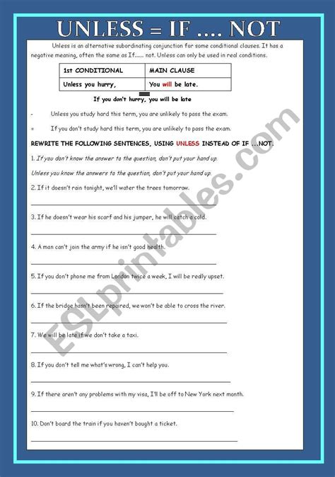 Unless ESL Worksheet By Pfeltham