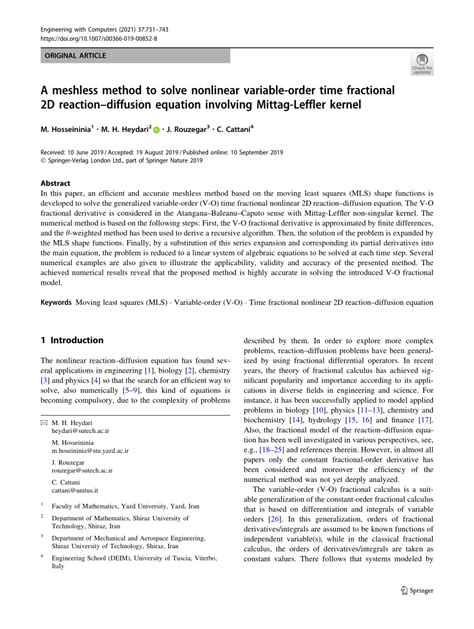 pdf a meshless method to solve nonlinear variable order time fractional 2d reaction diffusion