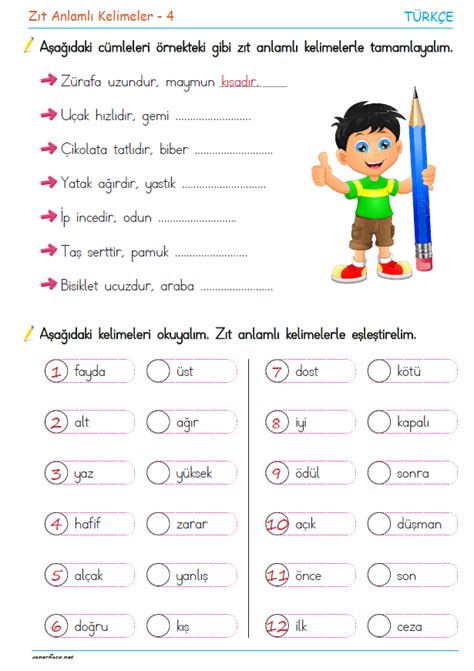 1 Sınıf Zıt Anlamlı Kelimeler 4 etkinlik ve çalışma sayfası