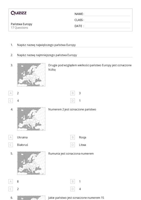 Ponad 50 kraje Europy państwa Europy arkuszy roboczych dla Klasa 6 w