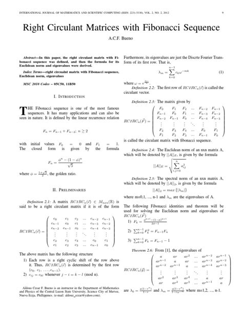 right circulant matrices with fibonacci sequence pdf matrix mathematics eigenvalues and