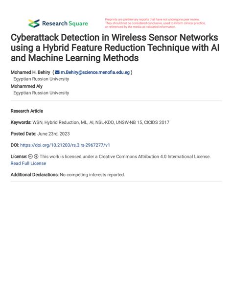pdf cyberattack detection in wireless sensor networks using a hybrid feature reduction