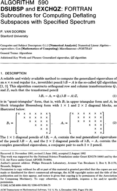 algorithm 590 dsubsp and exchqz fortran subroutines for computing deflating subspaces with