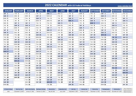 2022 Calendar With Federal Holidays Printable