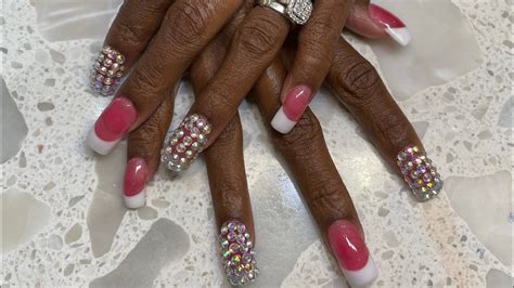 Acrylic Nails Pink White Refills With Diamonds Design Youtube
