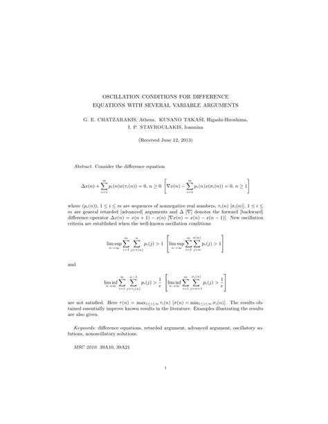 pdf oscillation conditions for difference equations with several