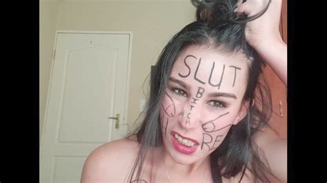 Self Degrading Cockslut Gags Herself And Self Face Smacking With Messy