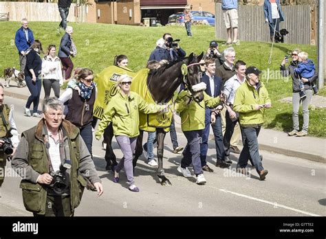 Many Clouds Is Led Towards Awaiting Crowds To Celebrate Winning The Crabbies Grand National