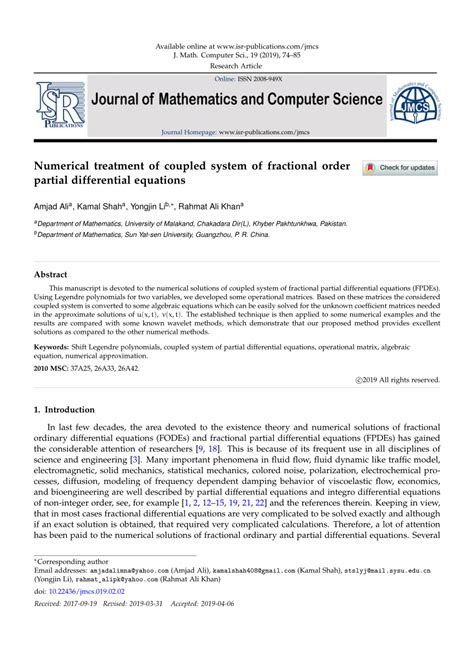 pdf numerical treatment of coupled system of fractional order partial differential equations