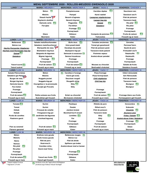 Le Menu Du Mois De Septembre