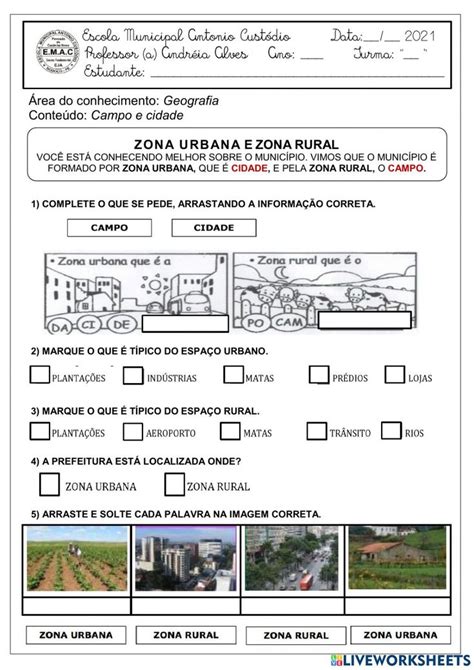 Campo E Cidade Worksheet Urbana Teachers School Subjects