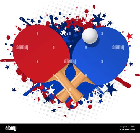 Ping pong rojo y azul splash raqueta con bola y estrellas ilustración