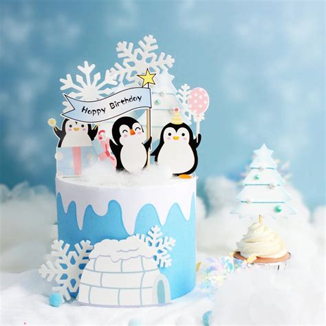 Selamat Ulang Tahun Kue Puncak Penguin Topi Kepingan Salju Ulang Tahun