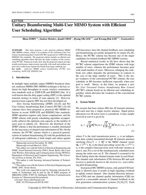 pdf unitary beamforming multi user mimo system with efficient user scheduling algorithm