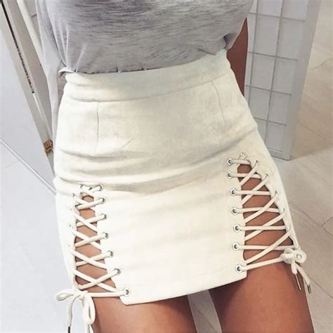 Rongge Sexy Lace Up Mini Skirt Women Leather Suede Skirts Vintage Cross Zipper Short Pencil