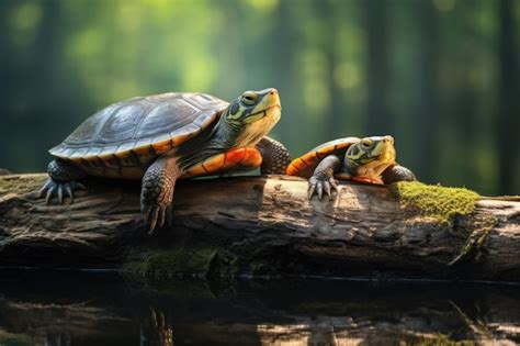 Deux Tortues Prenant Un Bain De Soleil Ensemble Sur Une B Che Photo