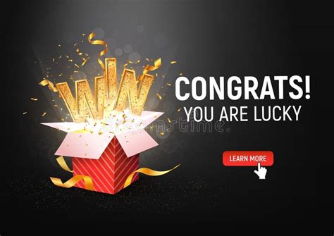 Open Textured Red Box With Confetti Explosion Inside And Win Gold Word On Dark Background