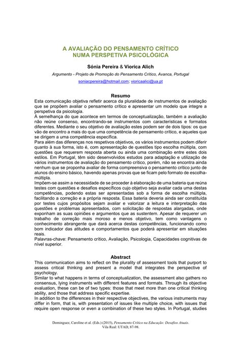 PDF A avaliação do pensamento crítico numa perspetiva psicológica