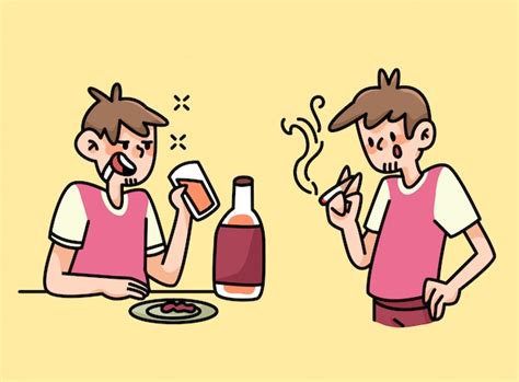Fumar y beber hombre hábitos caricatura ilustración Vector Premium