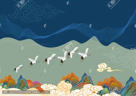 国潮山水仙鹤意境插画 美术绘画 其他设计 设计模板 汇图网www huitu