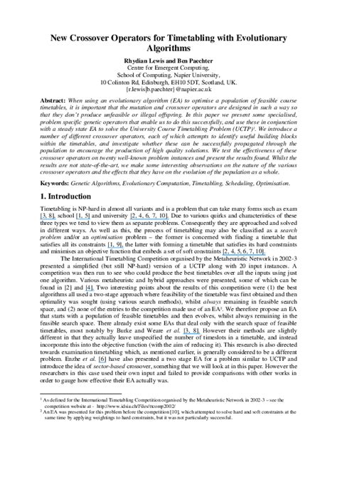 pdf new crossover operators for timetabling with evolutionary algorithms r lewis and ben