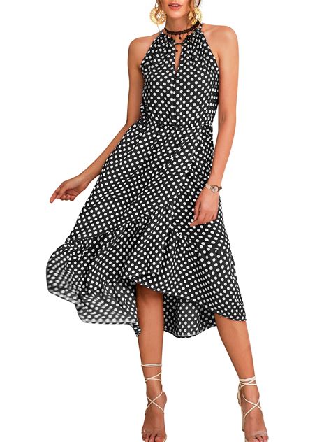 Women Summer Polka Dot Halter Neck Dress Bohemian Sleeveless Irregular Hem Midi Dress Ladies