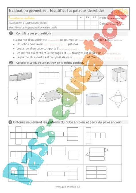 Evaluation avec le corrigé pour le Cm2 Identifier les patrons de