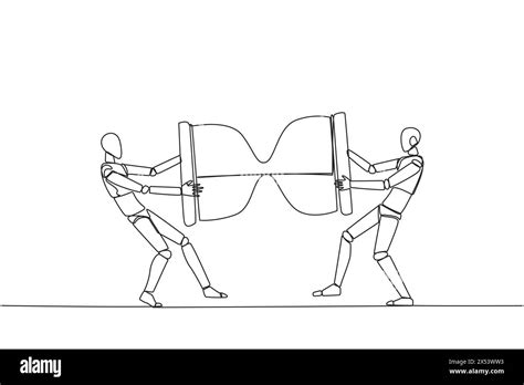 Continuous One Line Drawing Two Angry Robot Fighting Over The Hourglass