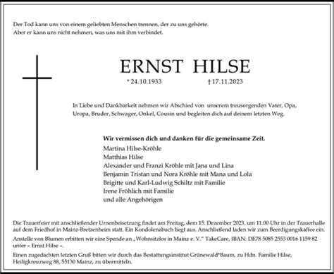 Traueranzeigen Von Ernst Hilse Vrm Trauer De