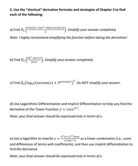 solved 2 use the shortcut derivative formulas and