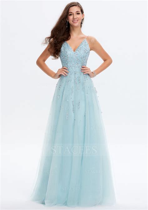 A Line V Neck Sleeveless Tulle Long Floor Length Prom Dress With
