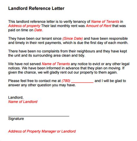 Template For Landlord Reference Letter