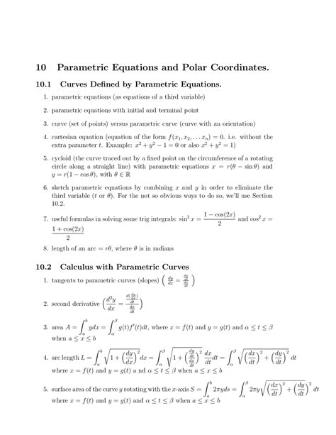 parametric equations and polar coordinates summary sheet cheat sheet calculus docsity