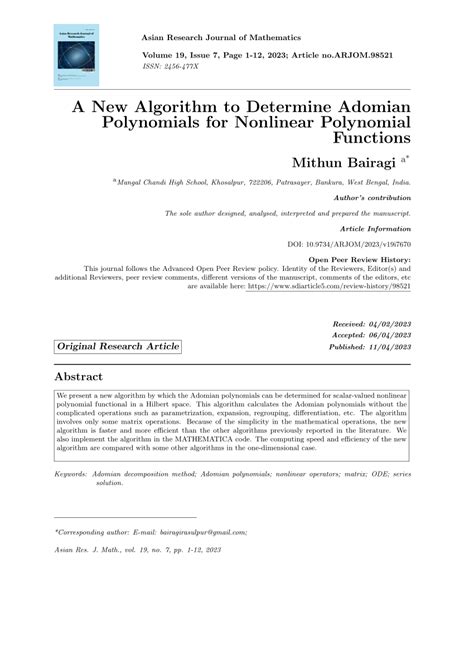 pdf a new algorithm to determine adomian polynomials for nonlinear polynomial functions