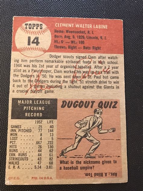 Topps Clem Labine Brooklyn Dodgers Ex No Creases Ebay