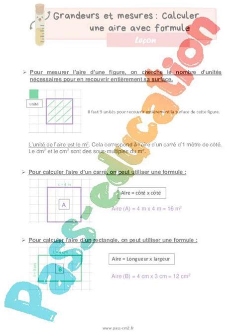 Calculer une aire avec formule Leçon de grandeurs et mesures pour le