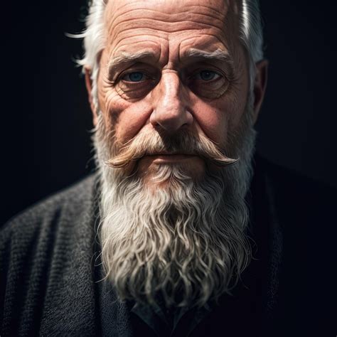 Un anciano con una larga barba blanca y ojos azules mira a la cámara