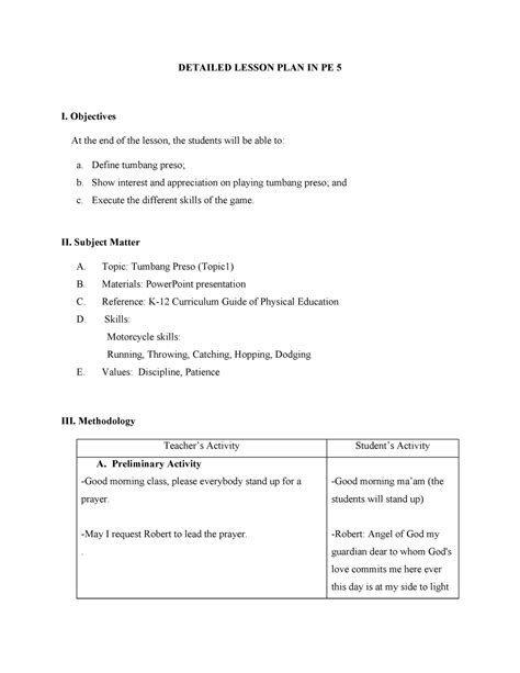 A Detailed Lesson Plan In PE And Health Docx A Detailed Lesson Plan