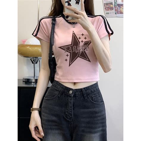 Jual American Vintage Crop Top Wanita Retro Pentagram Kaos Bergaris