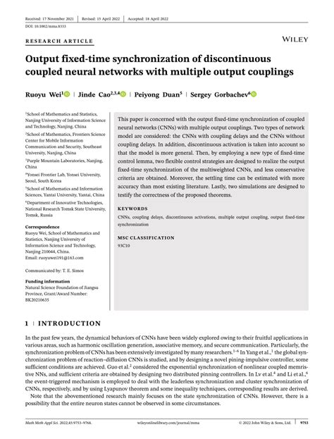 output fixed‐time synchronization of discontinuous coupled neural networks with multiple output